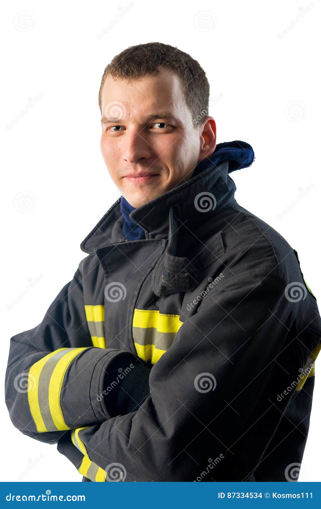 Confident Young Fireman on White Background Stock Photo - Image of ...