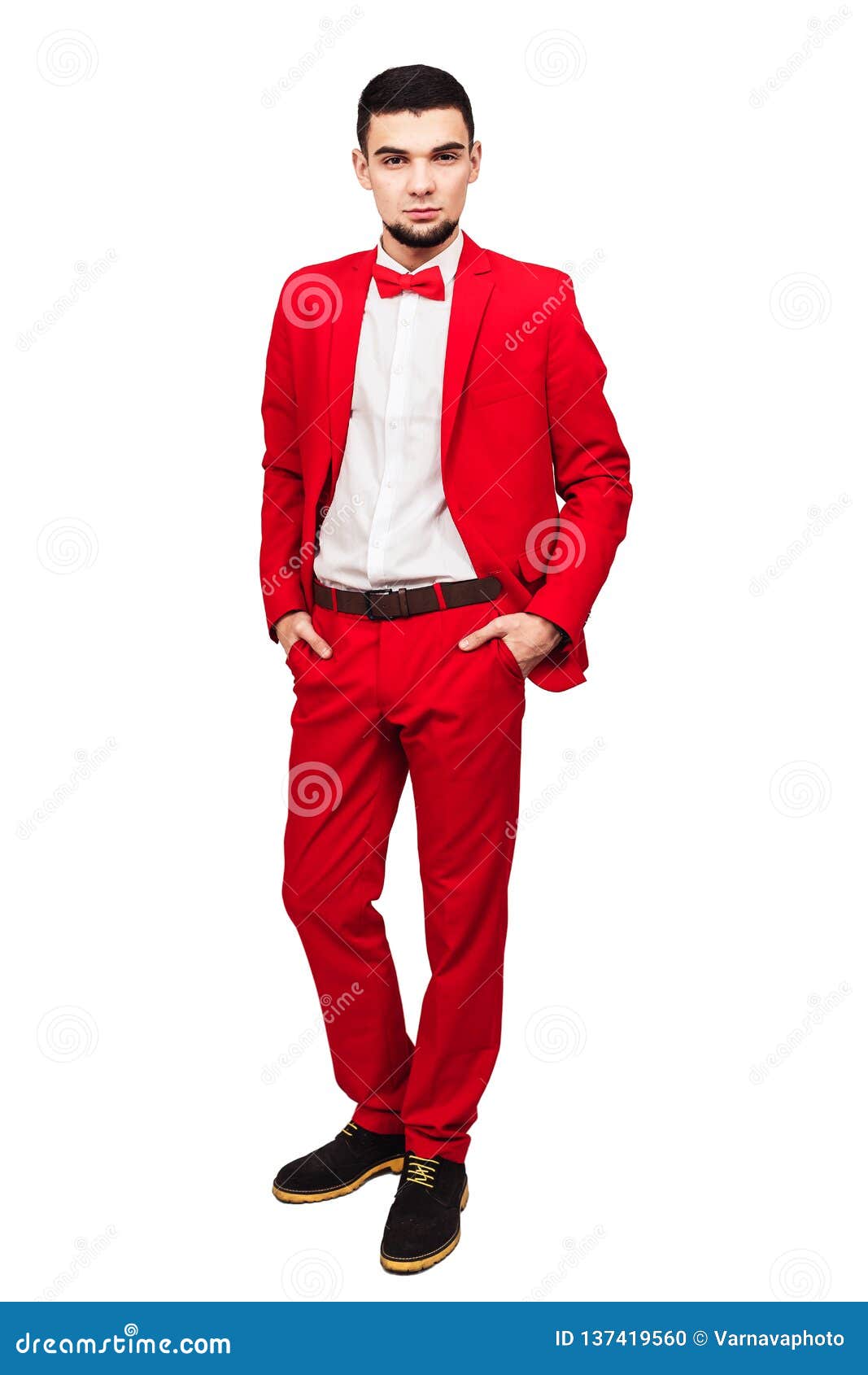 Confident Young Handsome. Bearded Man in Red Suit Posing on White ...