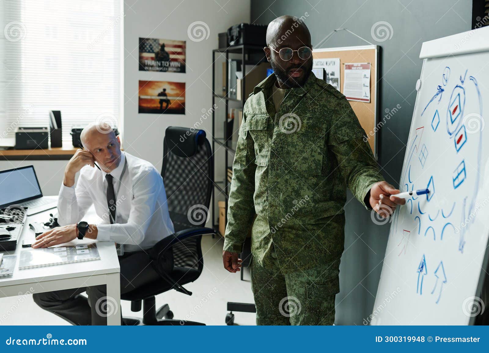 Confident Young Soldier in Uniform Explaining Tactics Sketch on ...