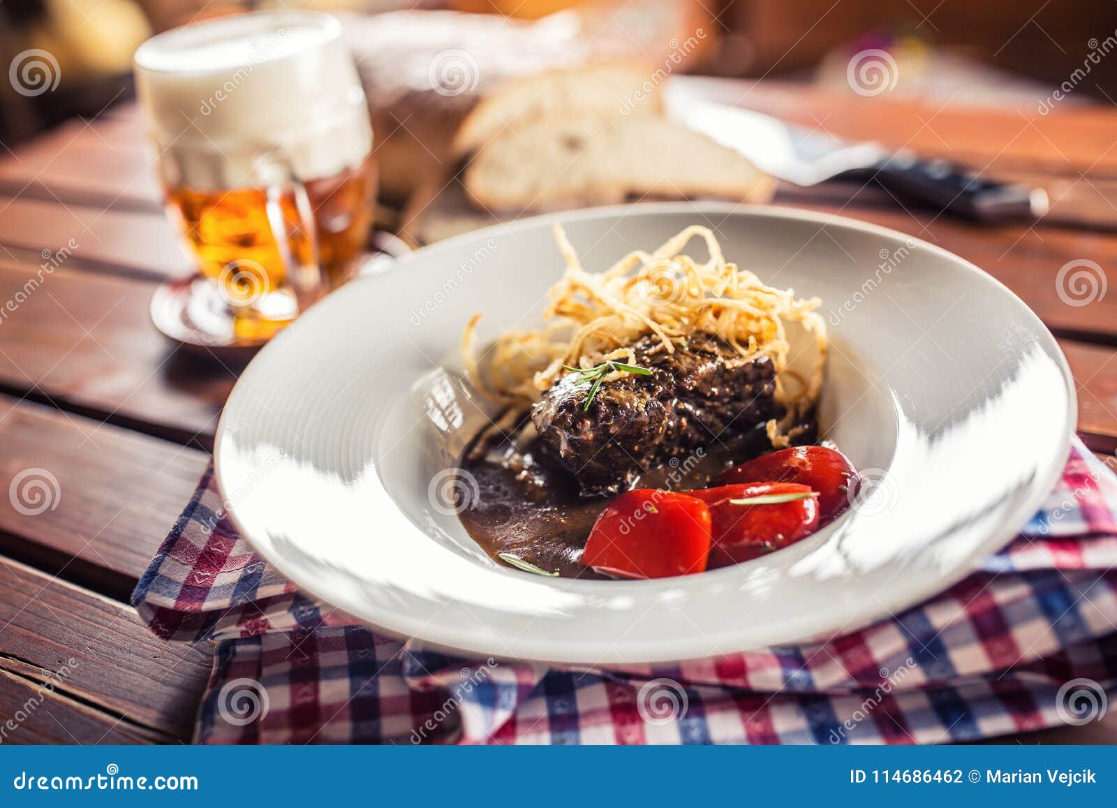 Confit Beef Steak with Sauce Fried Onion Bread Draft Beer and De Stock ...