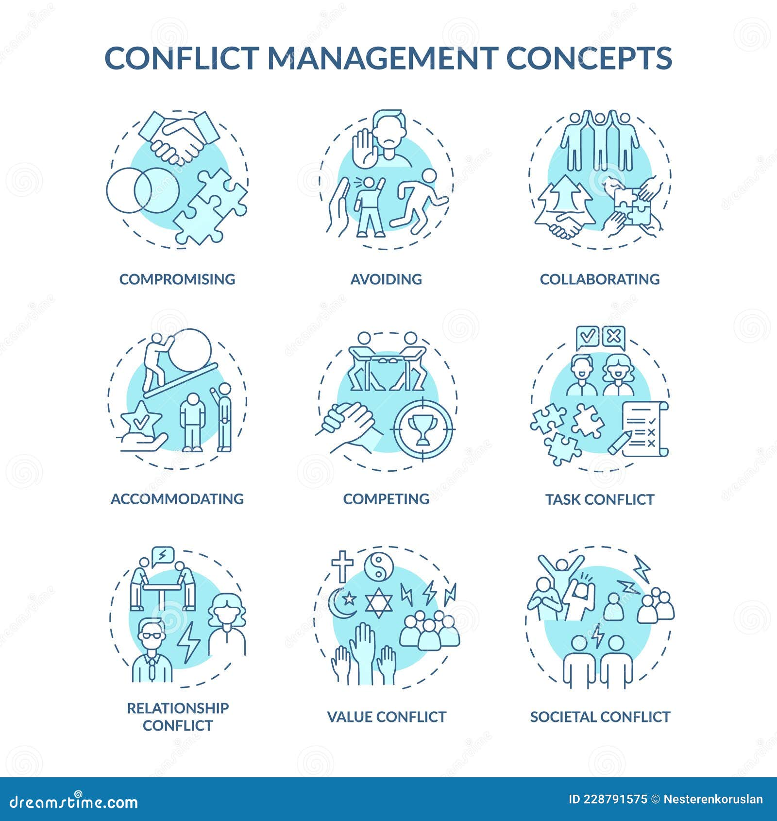 Conflict Management Blue Concept Icons Set Stock Vector - Illustration ...