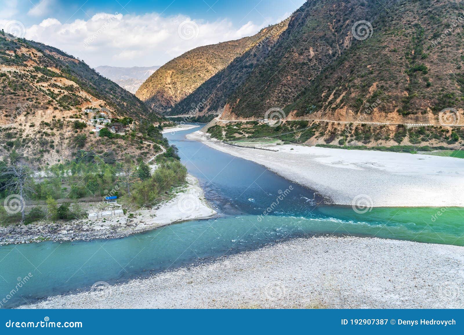 Confluence of Two Rivers in Valley with Different Colors of Water Stock ...