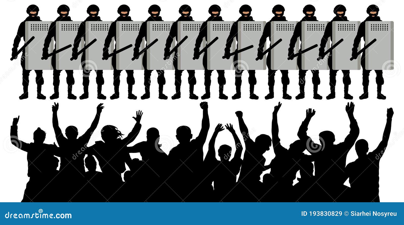 Confrontation of Crowd of Protesters with Riot Police. Silhouette ...