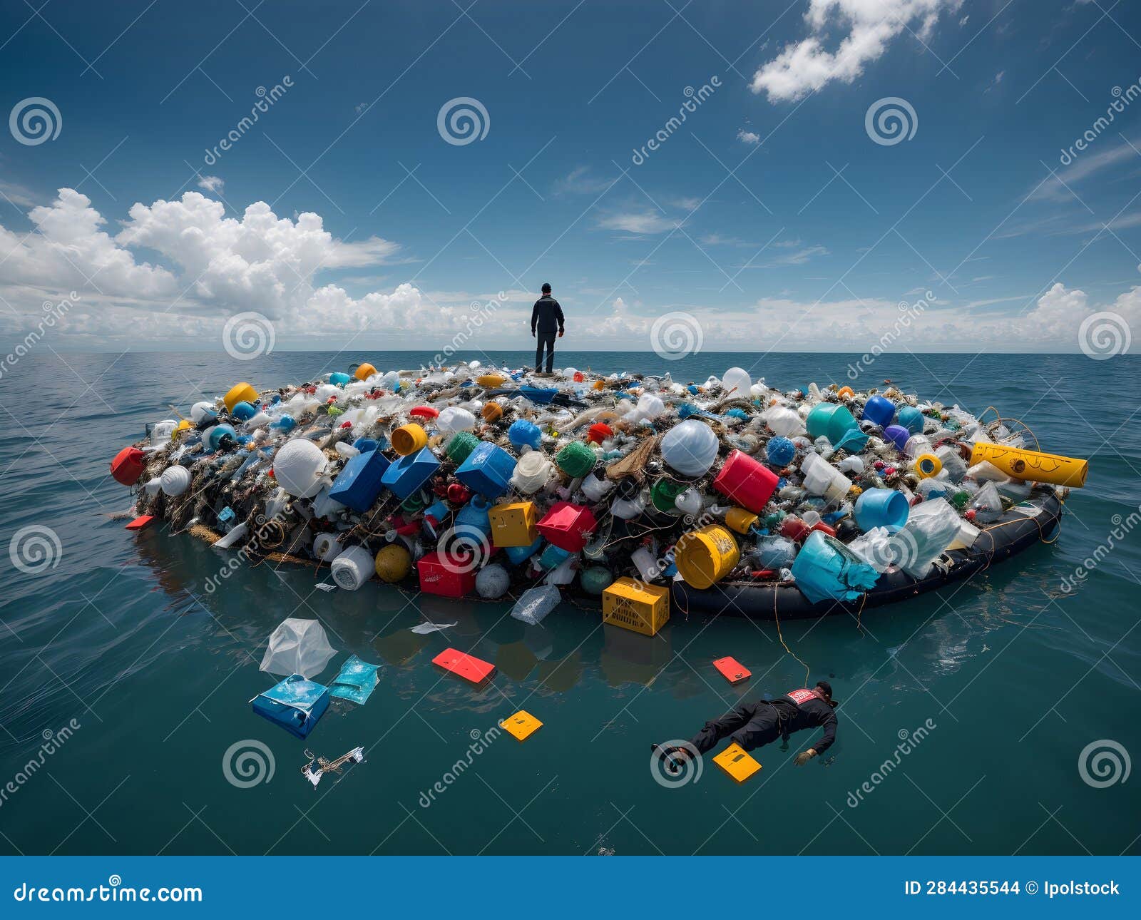 Confronting the Plastic Crisis: Man on Floating Waste Island Stock ...