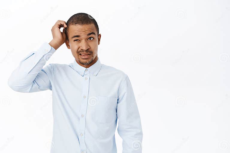 Confused Arab Guy Scratch His Head Looks Puzzled Thinking Stands