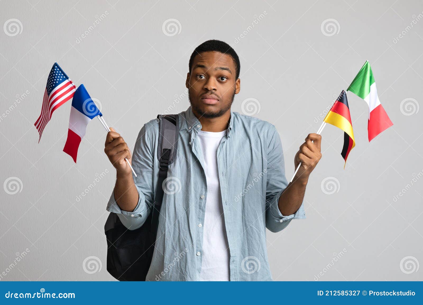 Confused Black Guy with Backpack and Different Flags Stock Image ...
