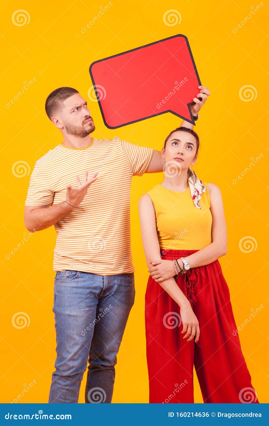 Confused Boyfriend Pointing at Bubble Thought and Girlfriend Looking Up ...