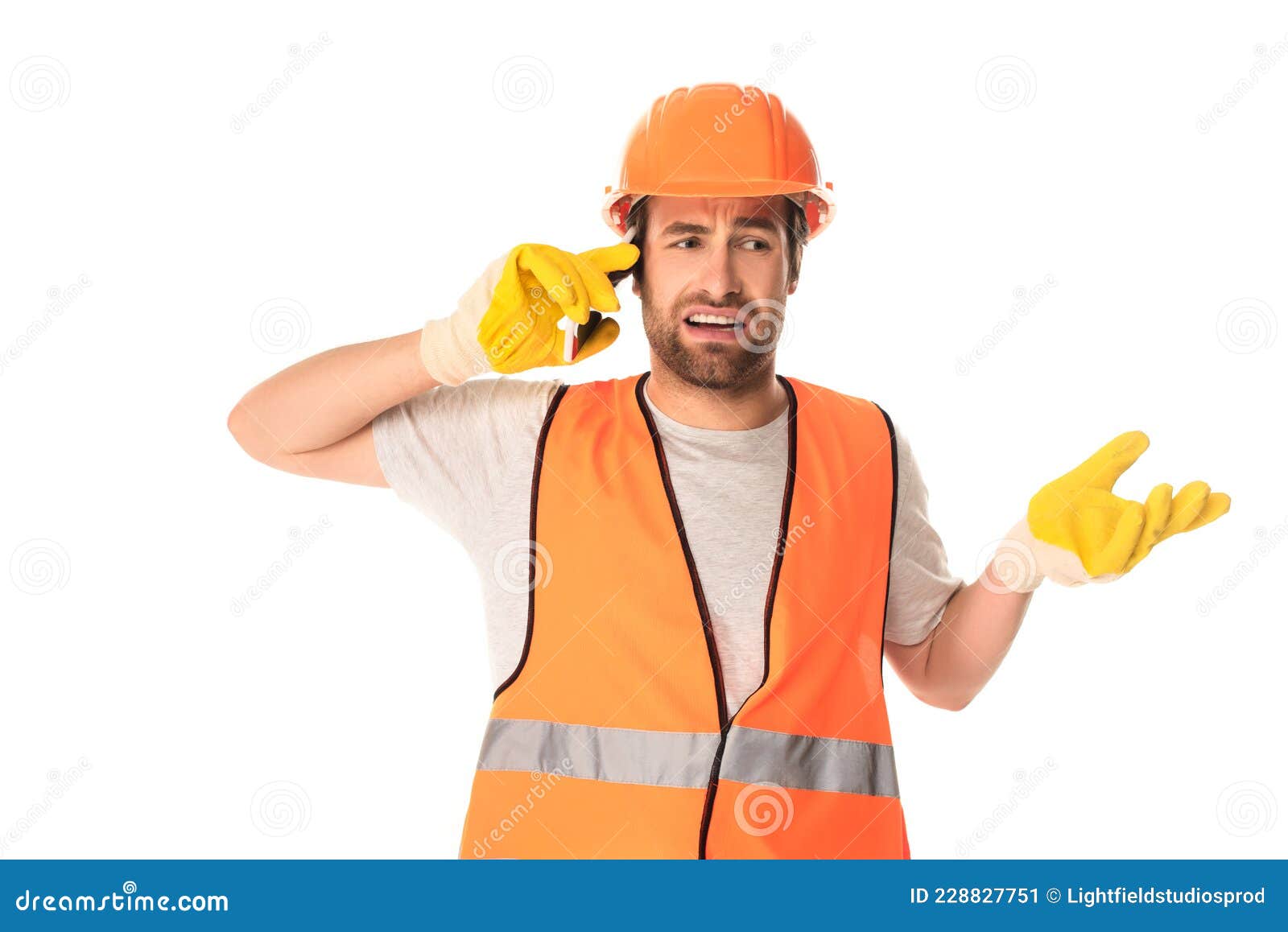 Confused Builder Talking on Smartphone Isolated Stock Image - Image of ...