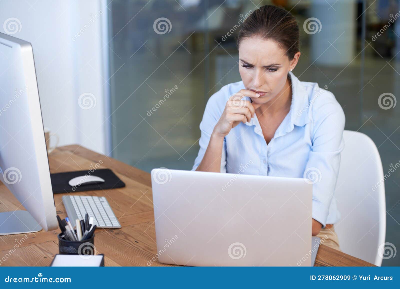 Confused, Business Woman and Thinking at Laptop for Decision, Choice of ...