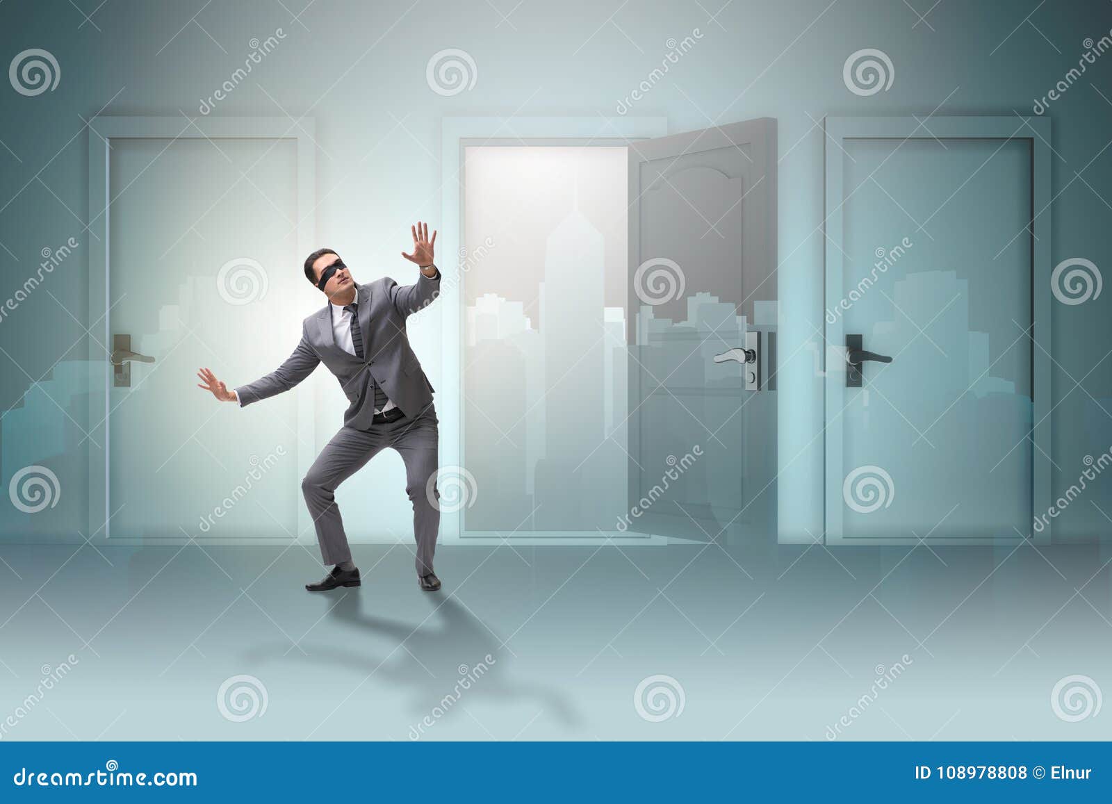 The Confused Businessman in Front of Doors Stock Photo - Image of ...