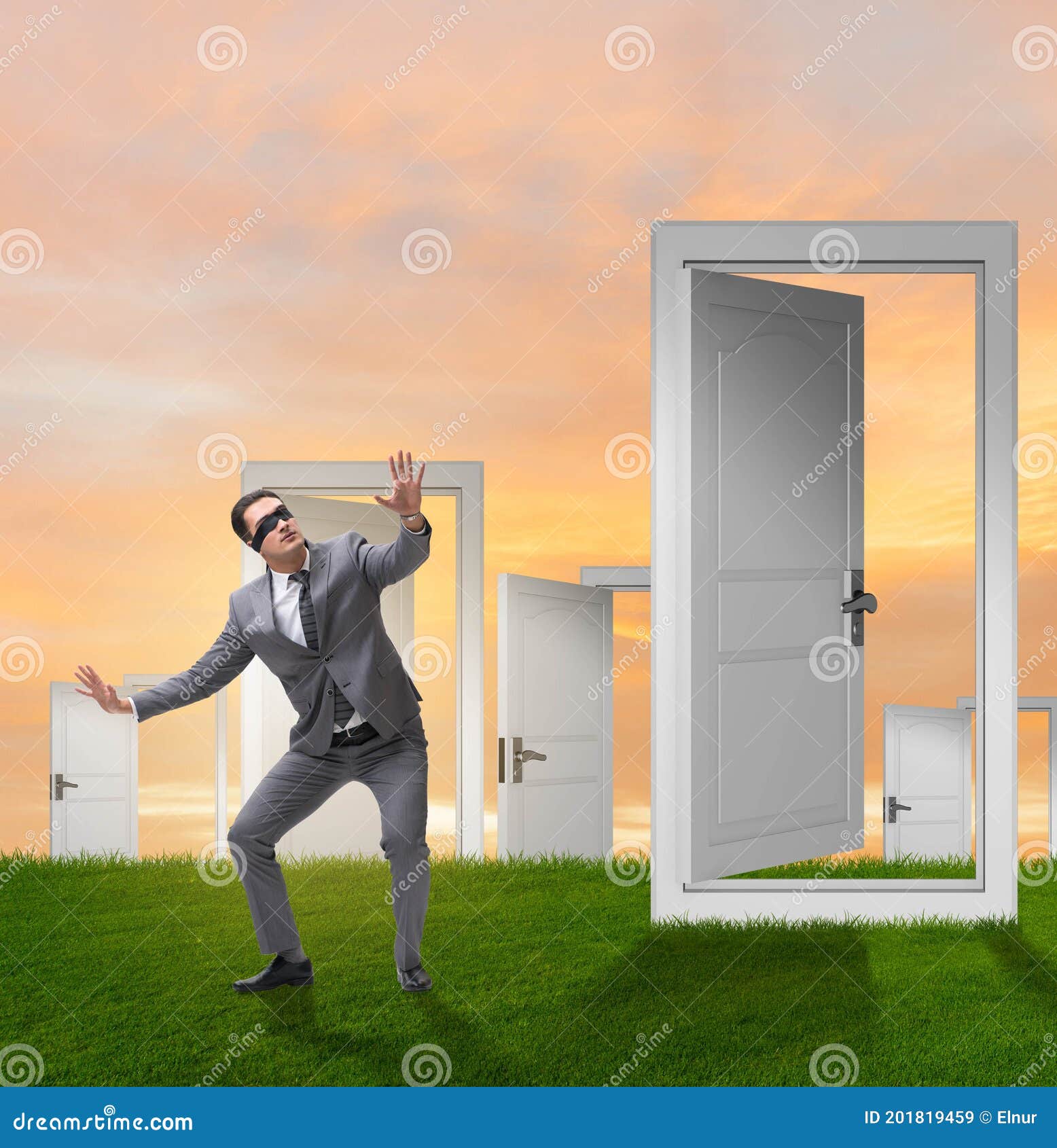 Confused Businessman in Front of Doors Stock Image - Image of career ...