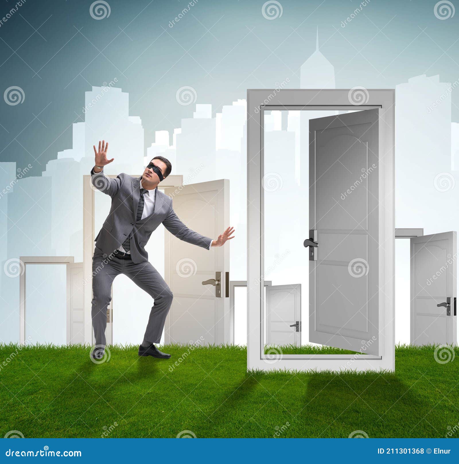 Confused Businessman in Front of Doors Stock Photo - Image of ...