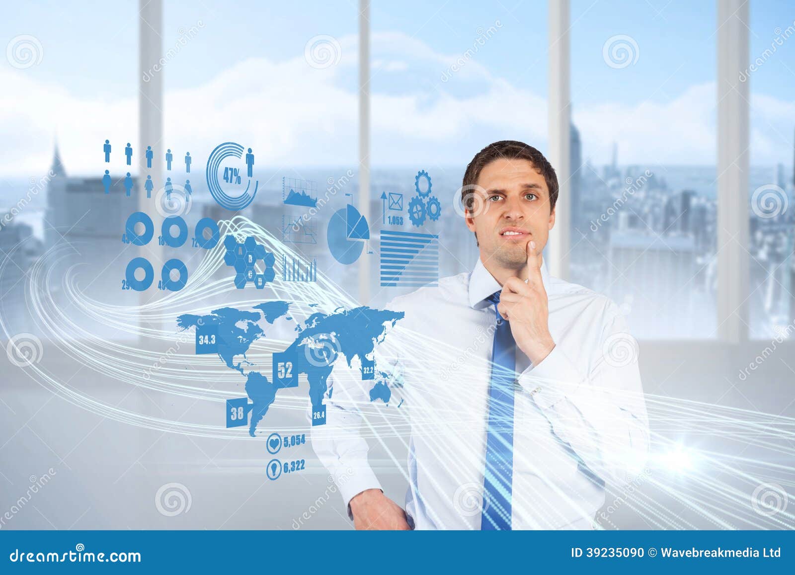 Confused Businessman with Global Interface Stock Photo - Image of front ...