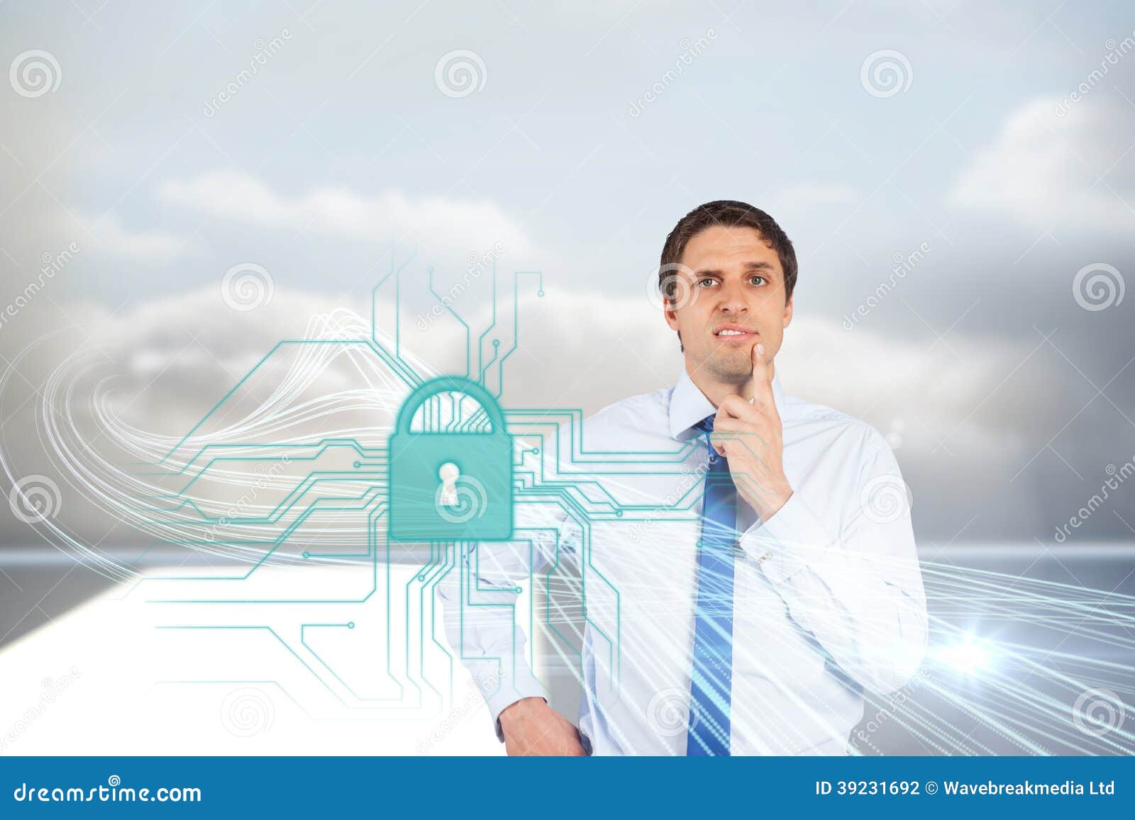 Confused Businessman with Lock and Circuit Board Graphic Stock Photo ...