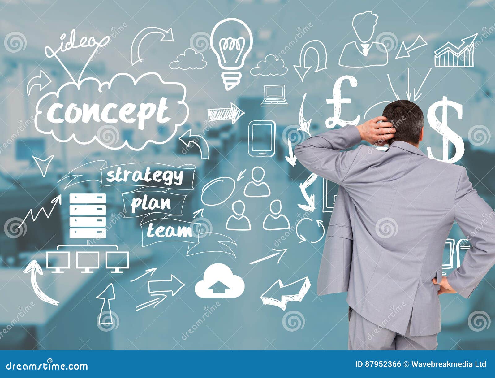 Confused Businessman Looking at Business Plan Concept on Blackboard ...