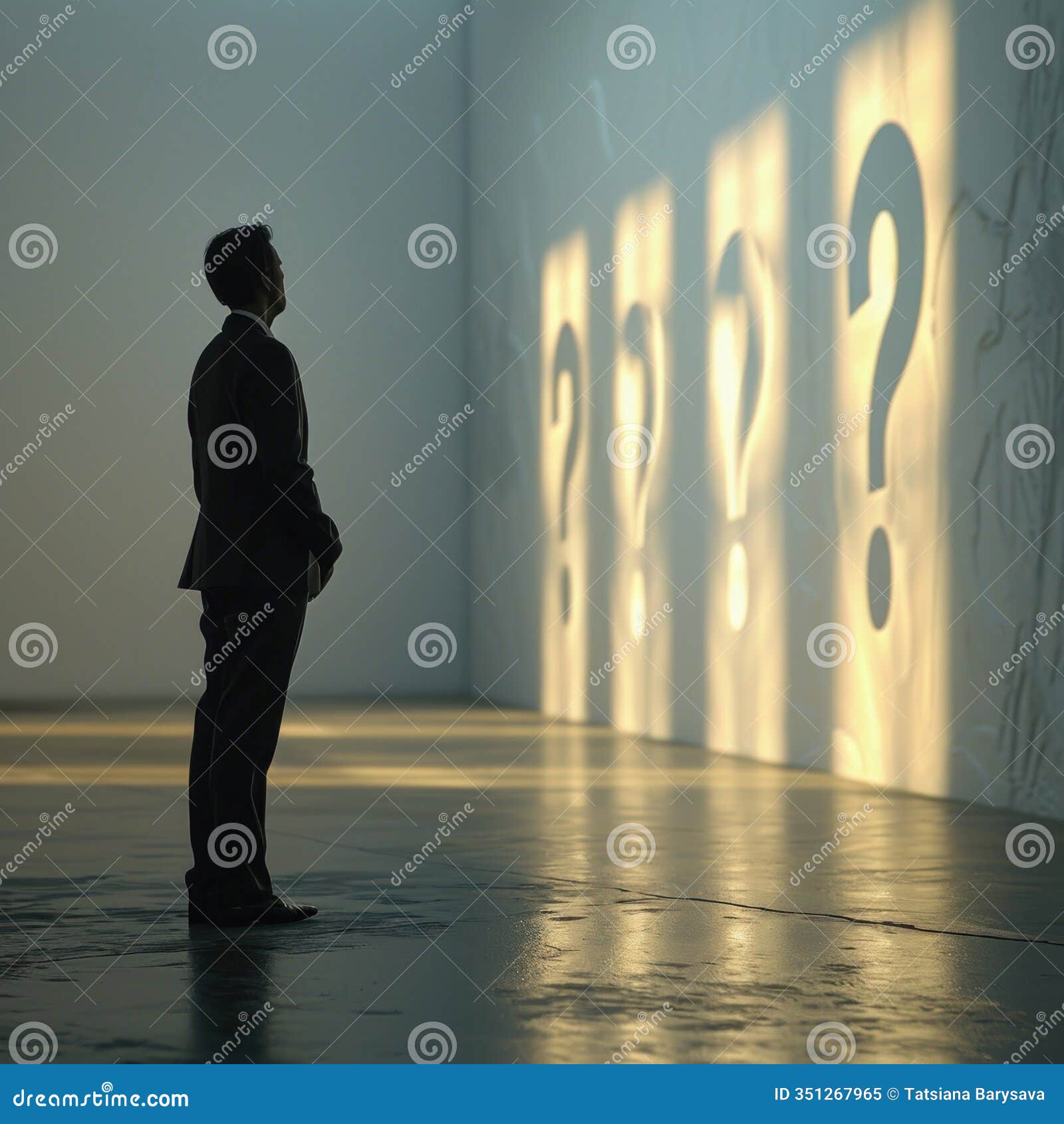 Confused Businessman Looking at Sun Shadow Drawn Question Marks on ...