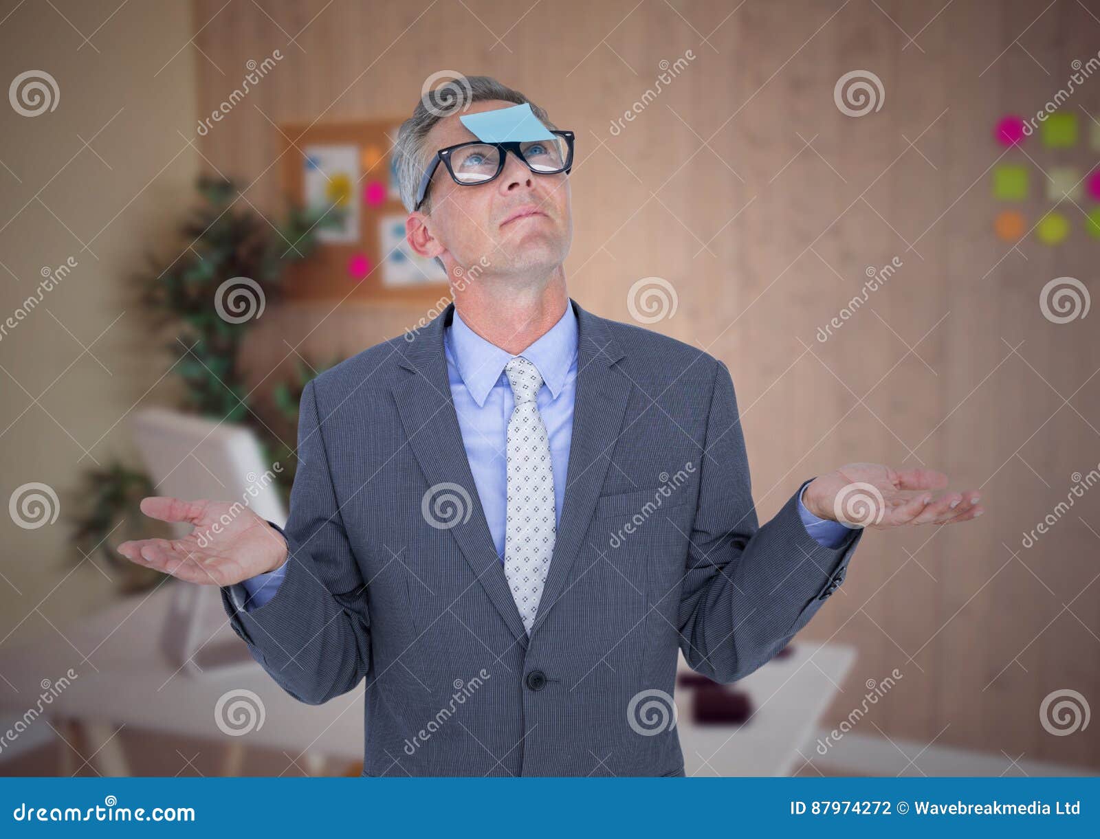 Confused Businessman with Sticky Notes Stuck on His Forehead Stock ...