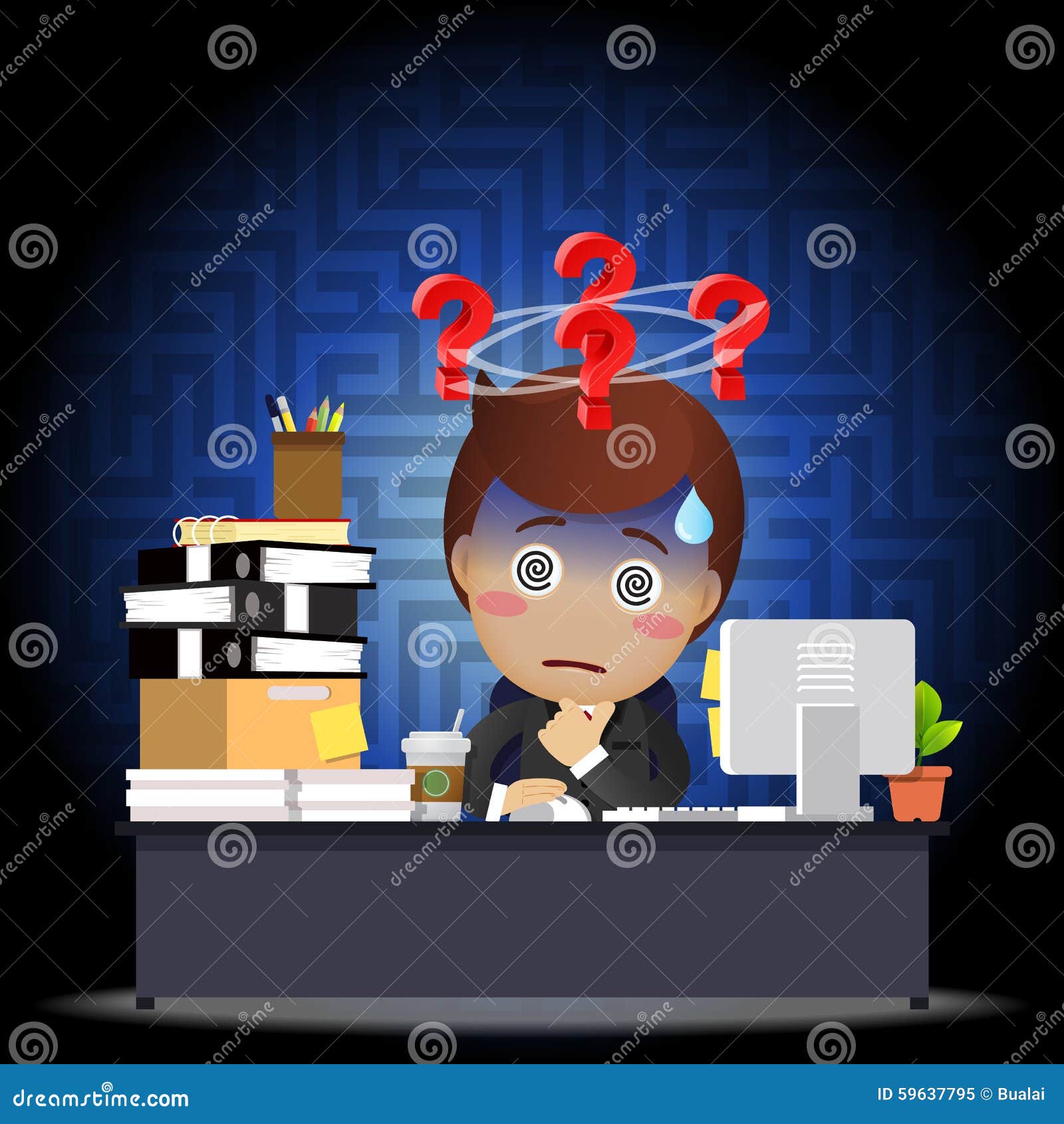 Confused Businessman Working on Computer at Desk Stock Vector ...