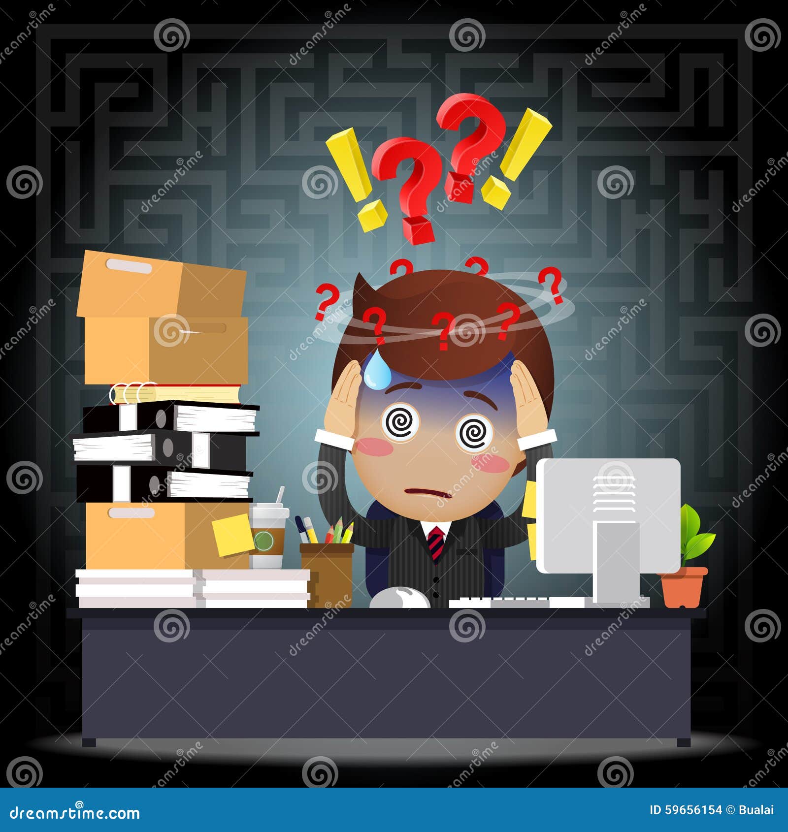 Confused Businessman Working on Computer at Desk Stock Vector ...