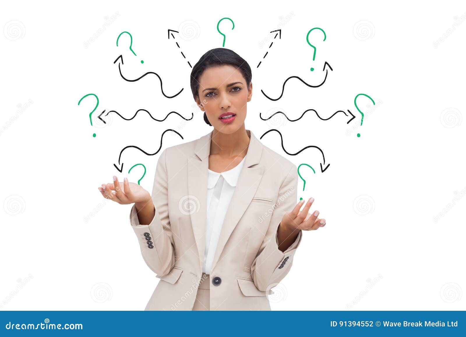 Confused Businesswoman with Arrows and Question Marks Stock Photo ...