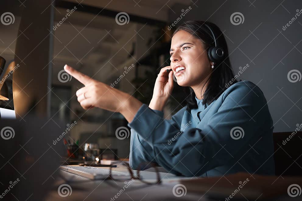 Confused, Call Center and Business Woman at Night for Global Virtual it ...