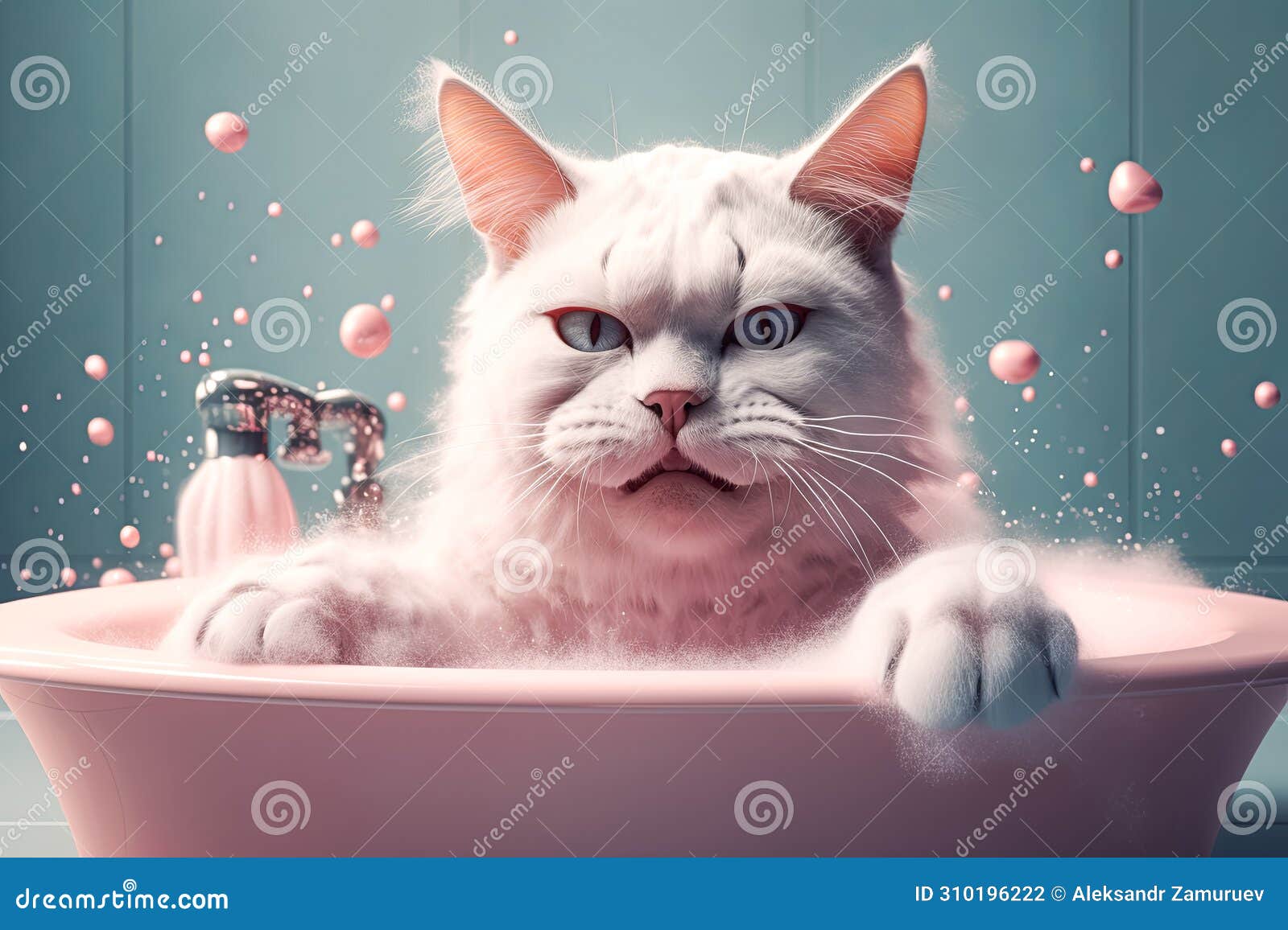 Confused Cat in Soap in Bathtub . Cat Grooming Concept Stock Photo ...