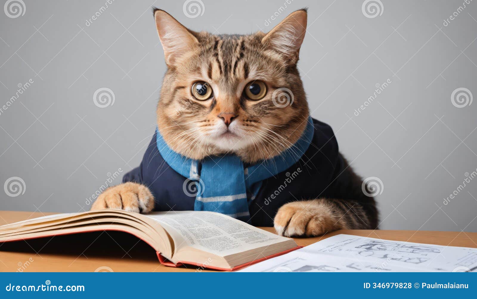 A Confused Cat Student, at the Desk, Surrounded by Books, in Front of a ...