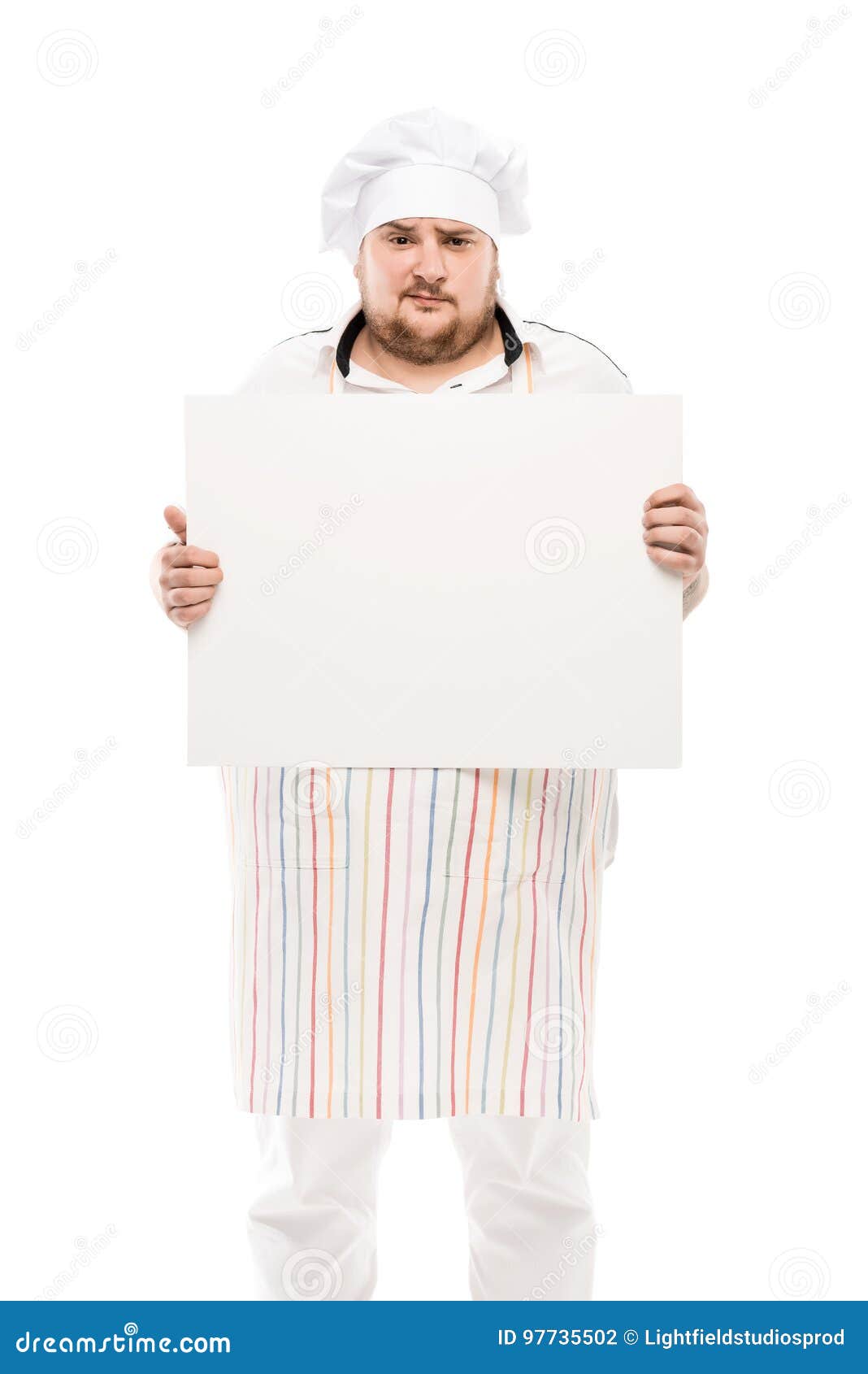 Confused Chef Holding Blank Banner and Looking at Camera Stock Photo ...