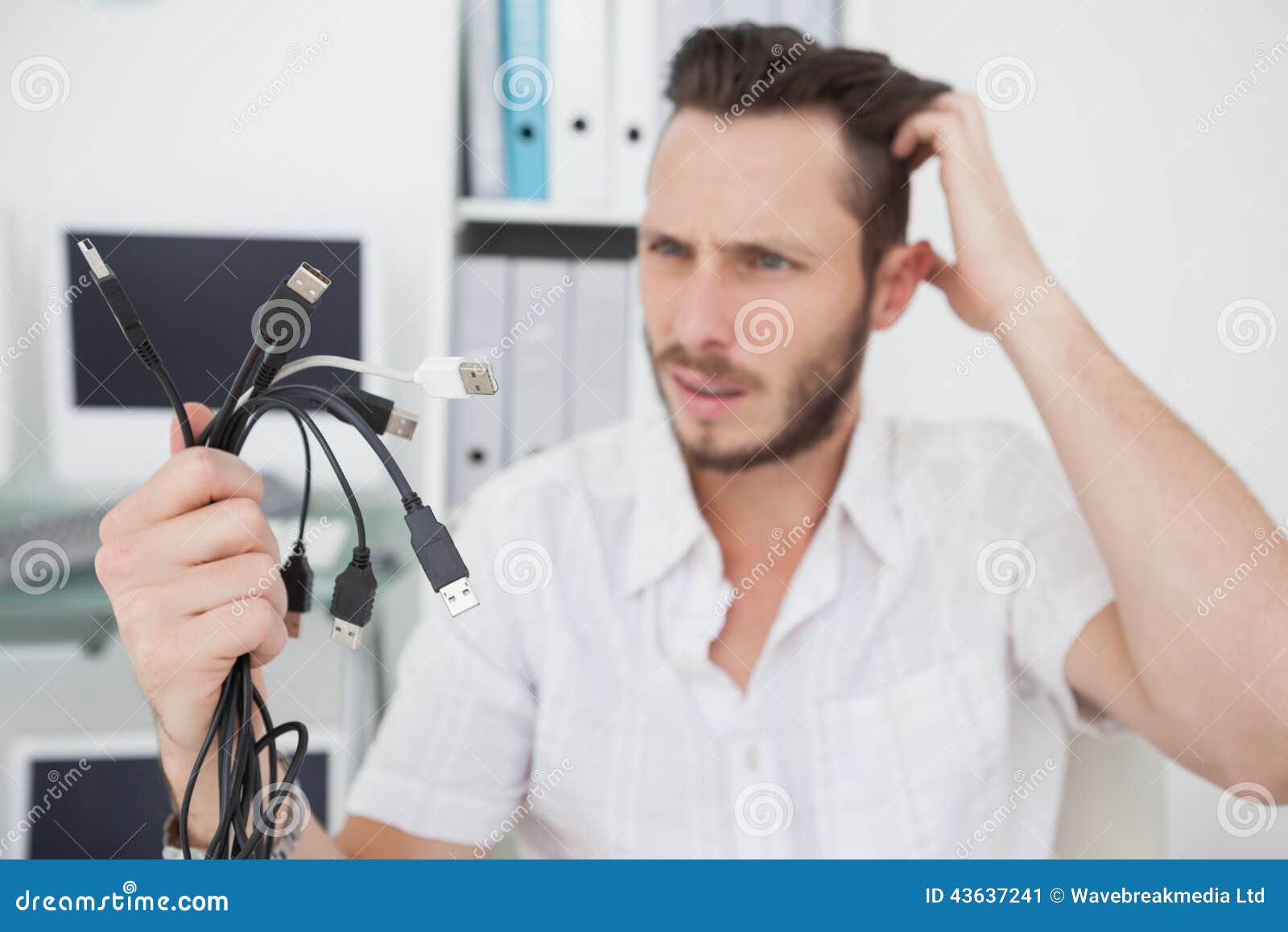 Confused Computer Engineer Looking at Wires Stock Image - Image of ...
