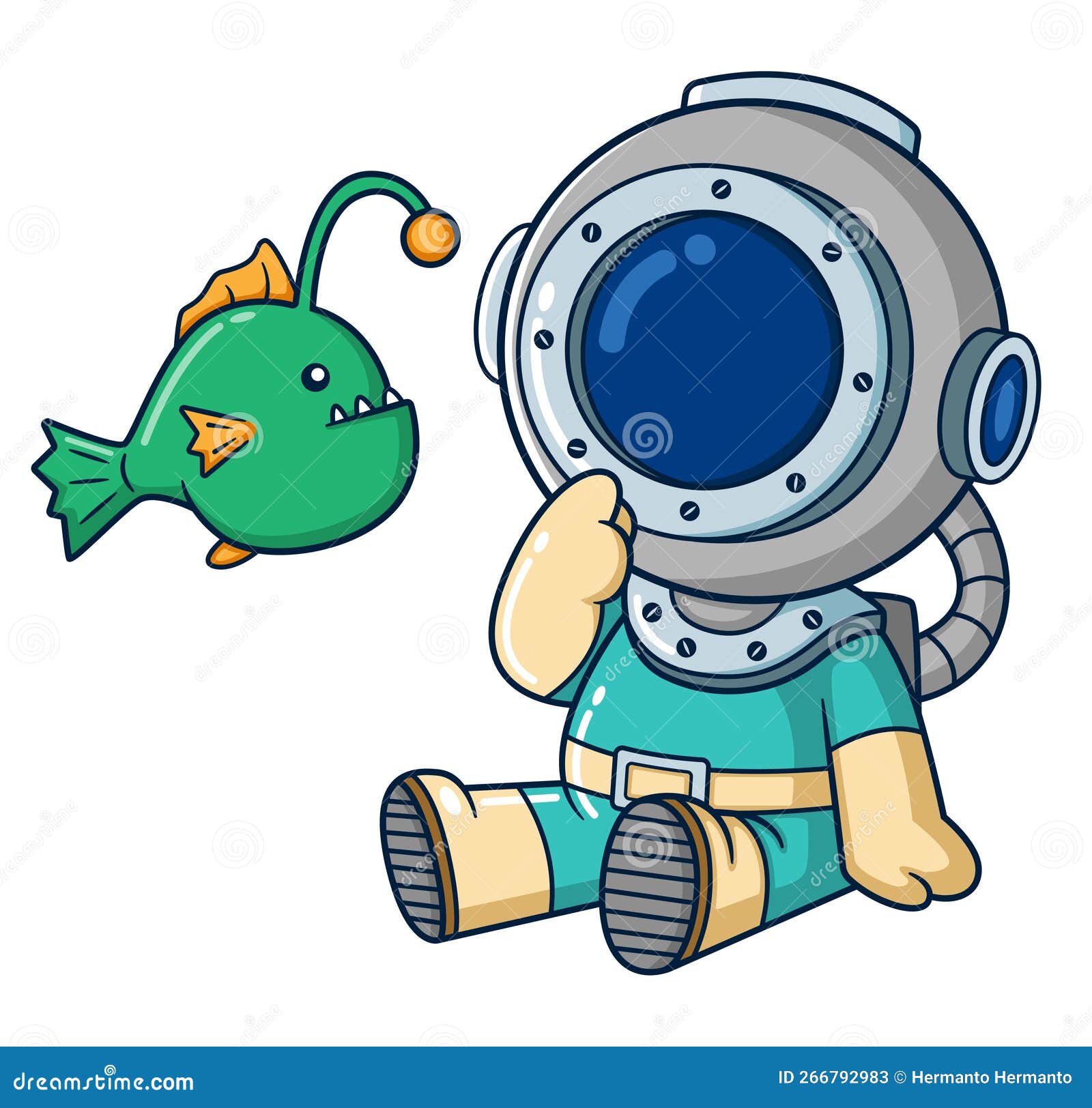 The Confused Diver Observes The Angler Fish Cartoon Vector ...