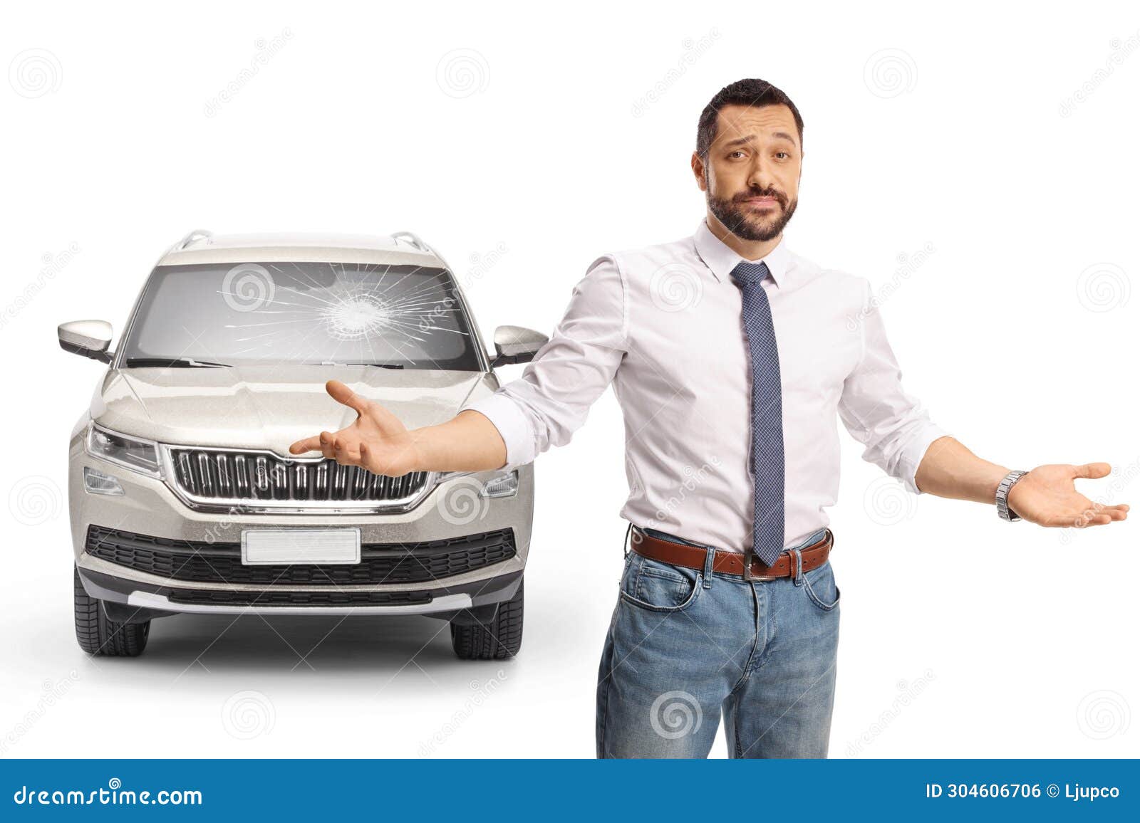 Confused Driver Standing in Front of a SUV with Cracked Windscreen ...