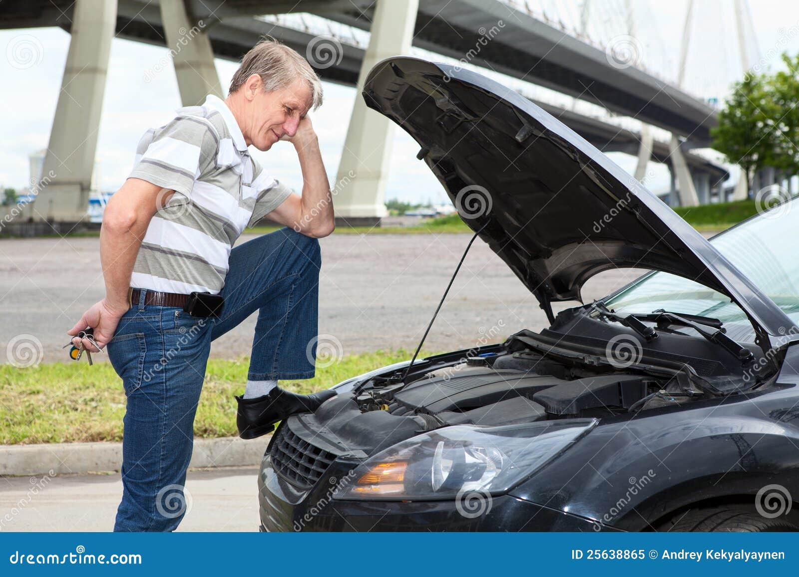 Confused Driver Standing Near Broken Car Stock Image - Image of adult ...
