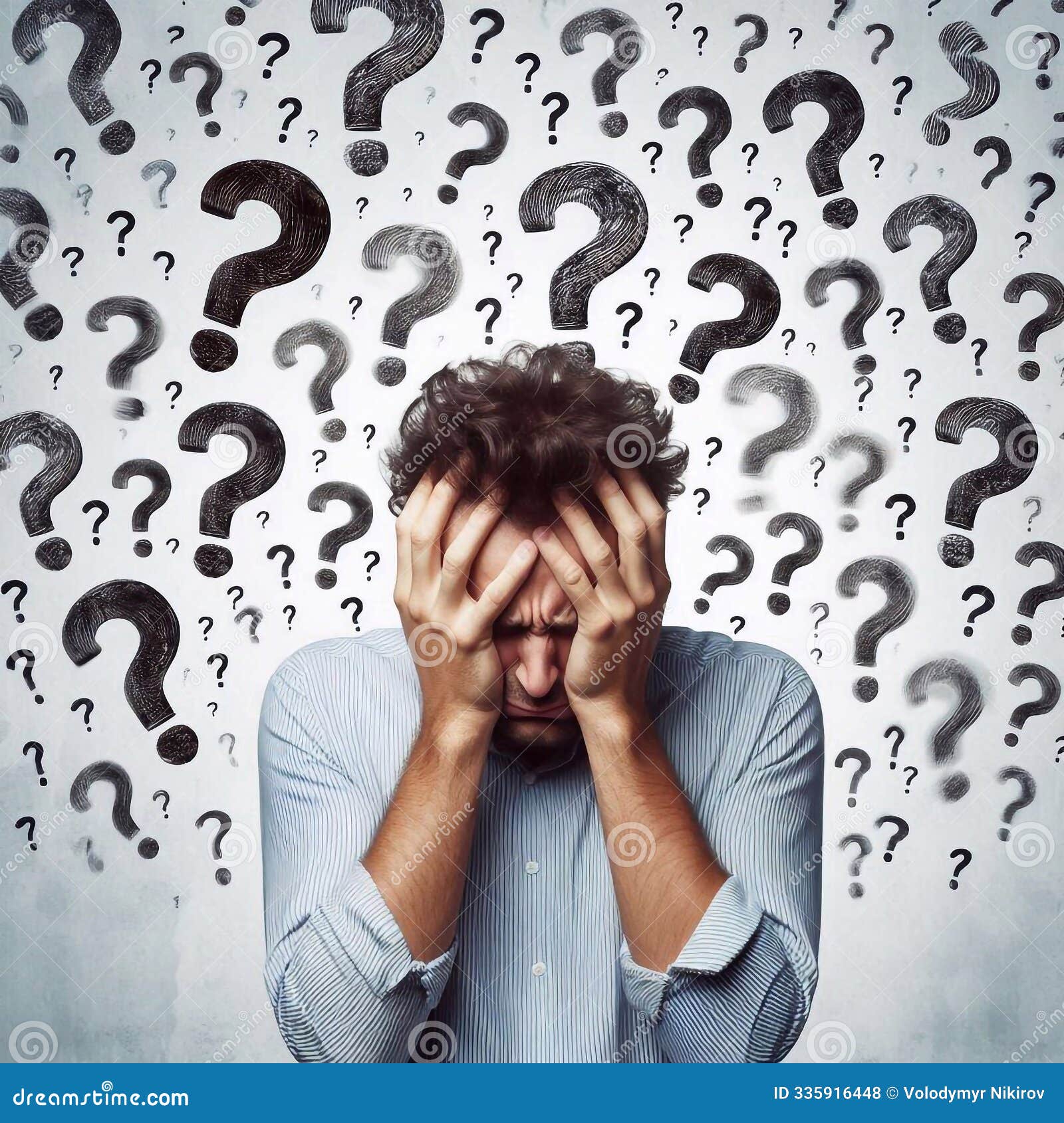 Confused, Embarrassed, Worried and Depressed Man Surrounded by Question ...