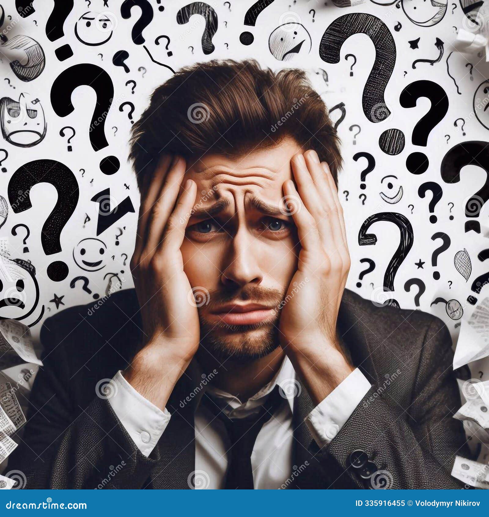 Confused, Embarrassed, Worried and Depressed Man Surrounded by Question ...