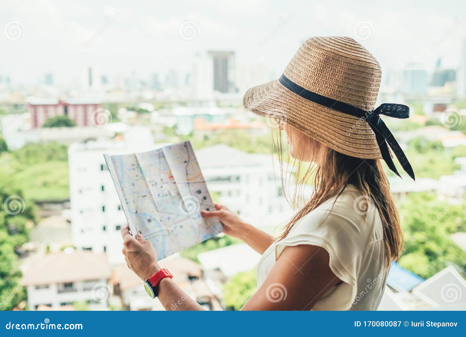 Confused Female Looking To Destination on Map Stock Image - Image of ...