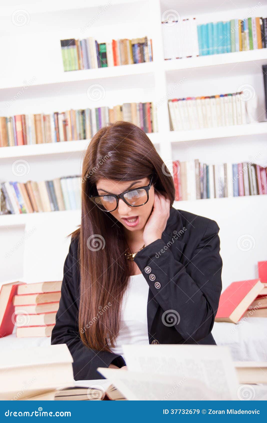 Confused Female Student with Books Stock Image - Image of displeased ...