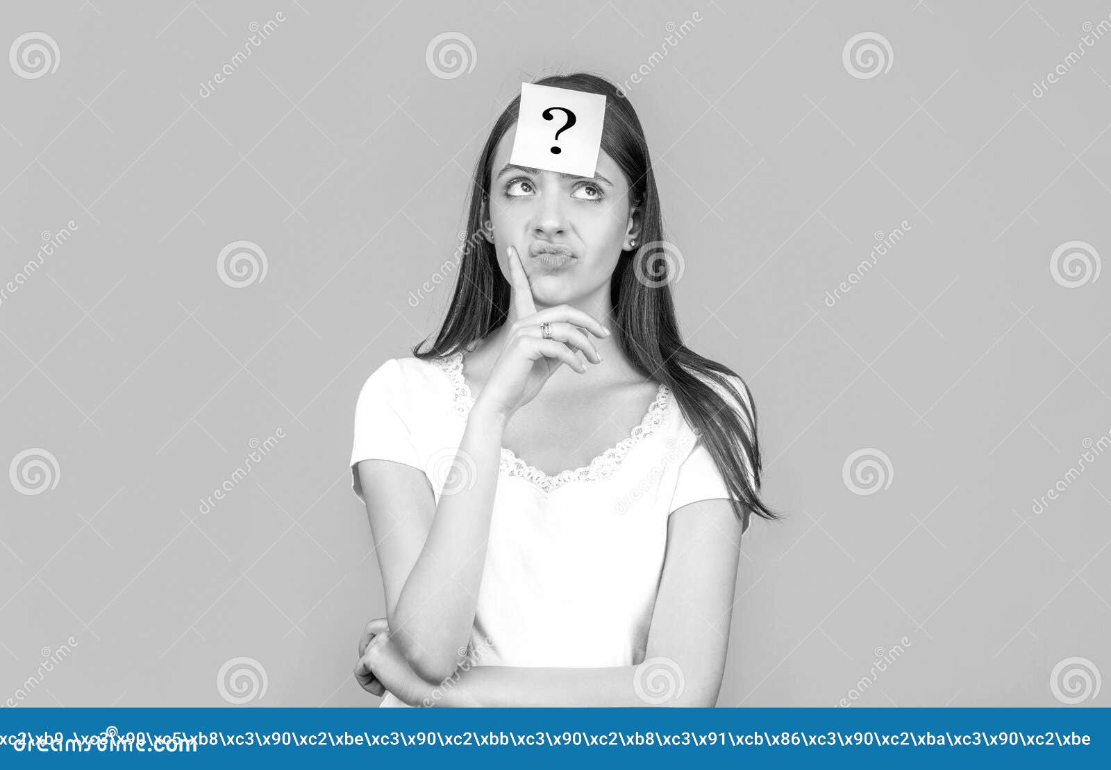 Confused Female Thinking with Question Mark on Sticky Note on Forehead ...