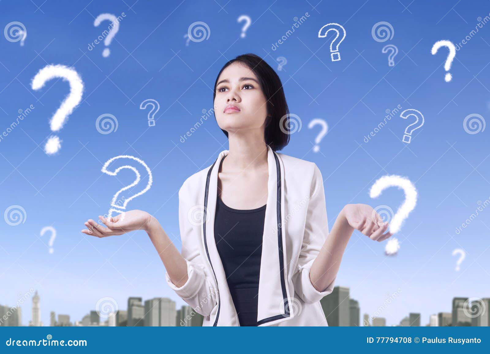 Confused Female Worker With Question Marks Stock Photography ...