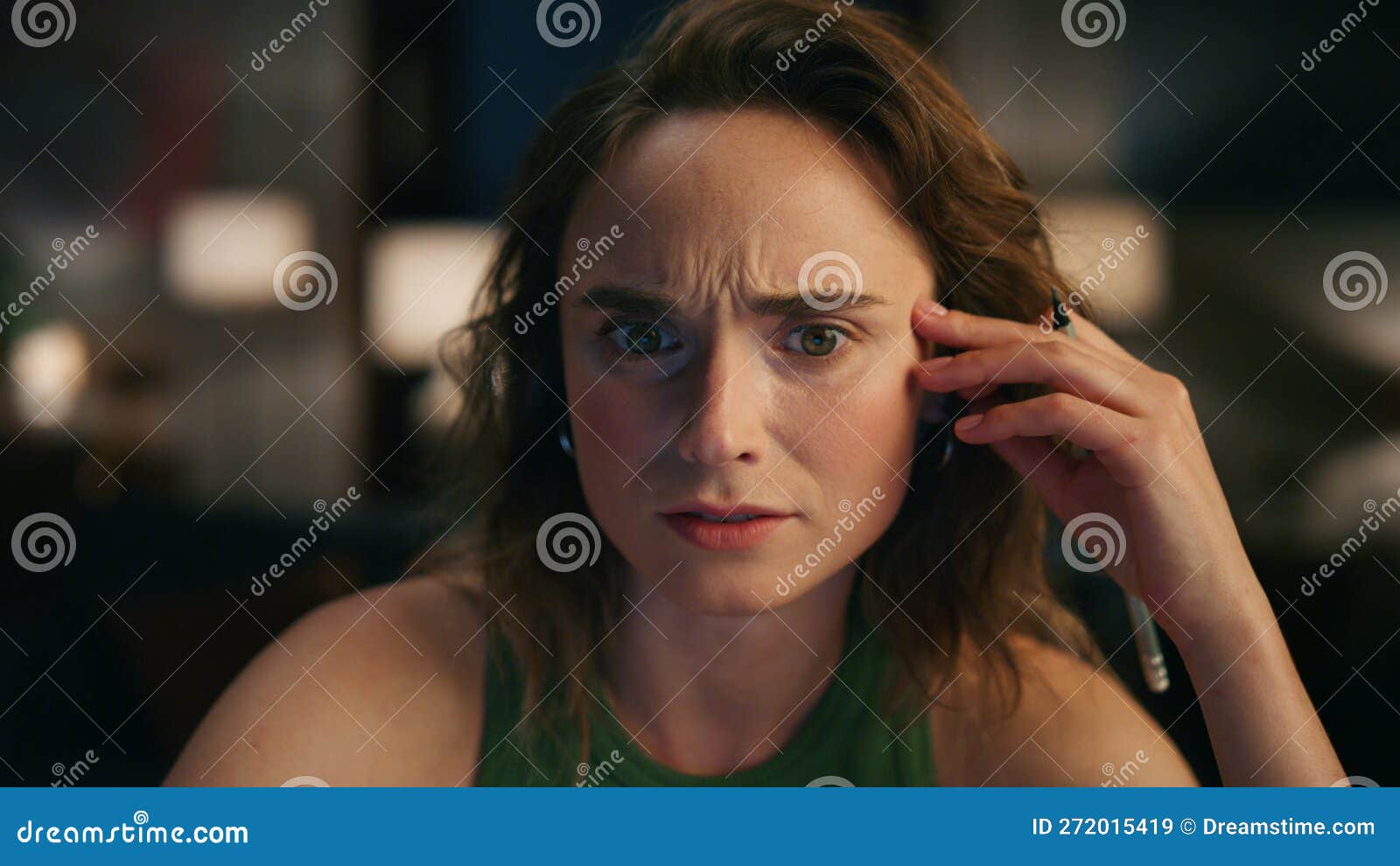 Confused Girl Having Video Call at Apartments Portrait. Freelancer ...