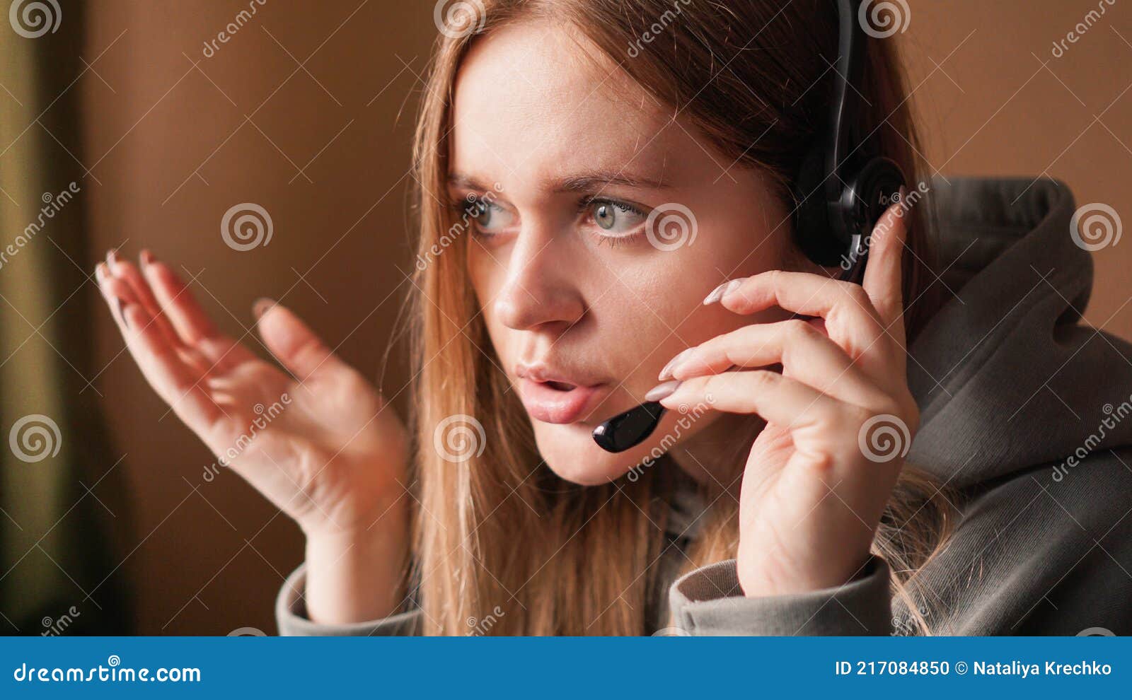 Confused Girl Operator with Headset. Remote Work from Home in a Call ...