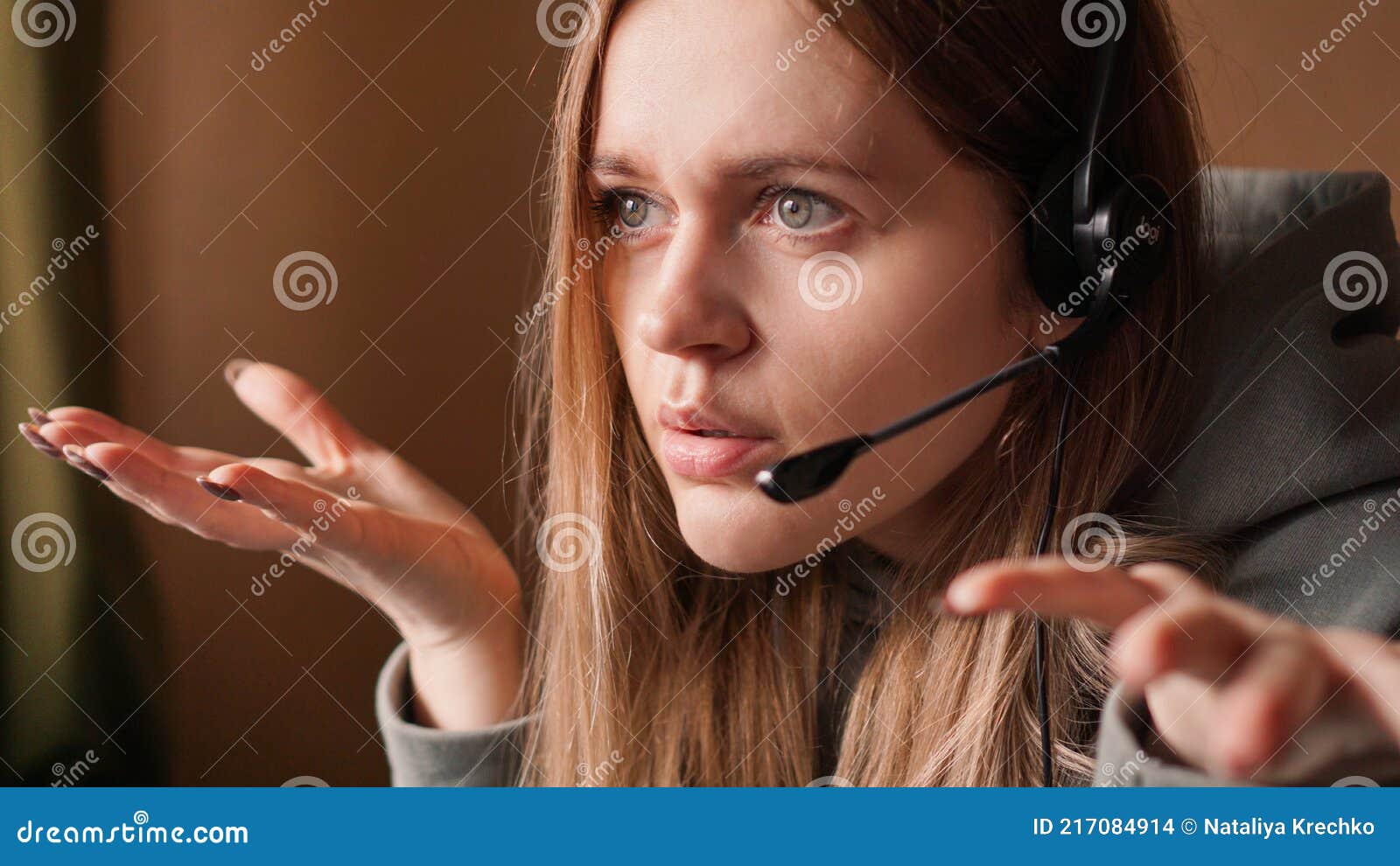 Confused Girl Operator with Headset. Remote Work from Home in a Call ...