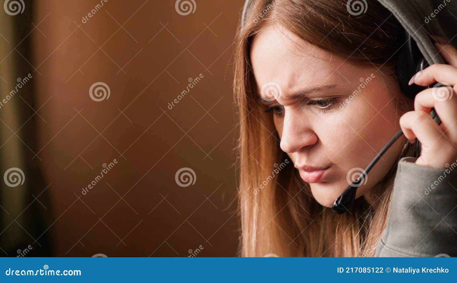 Confused Girl Operator with Headset. Remote Work from Home in a Call ...