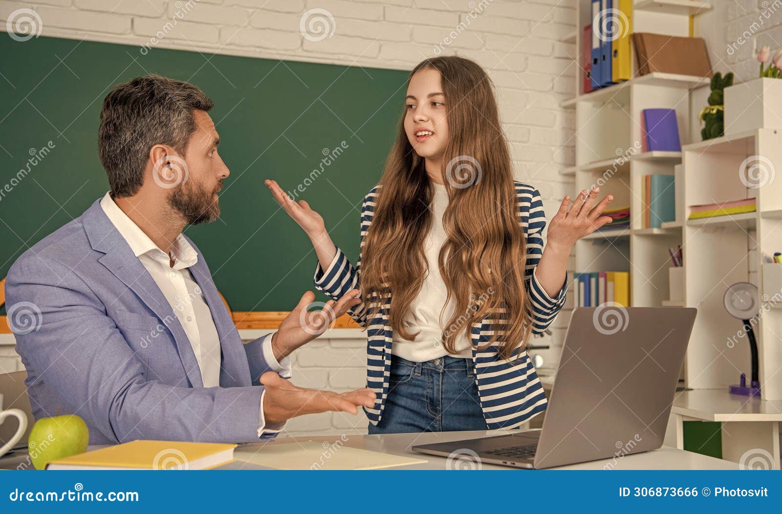 Confused Girl with Tutor in School Classroom Use Laptop Stock Photo ...