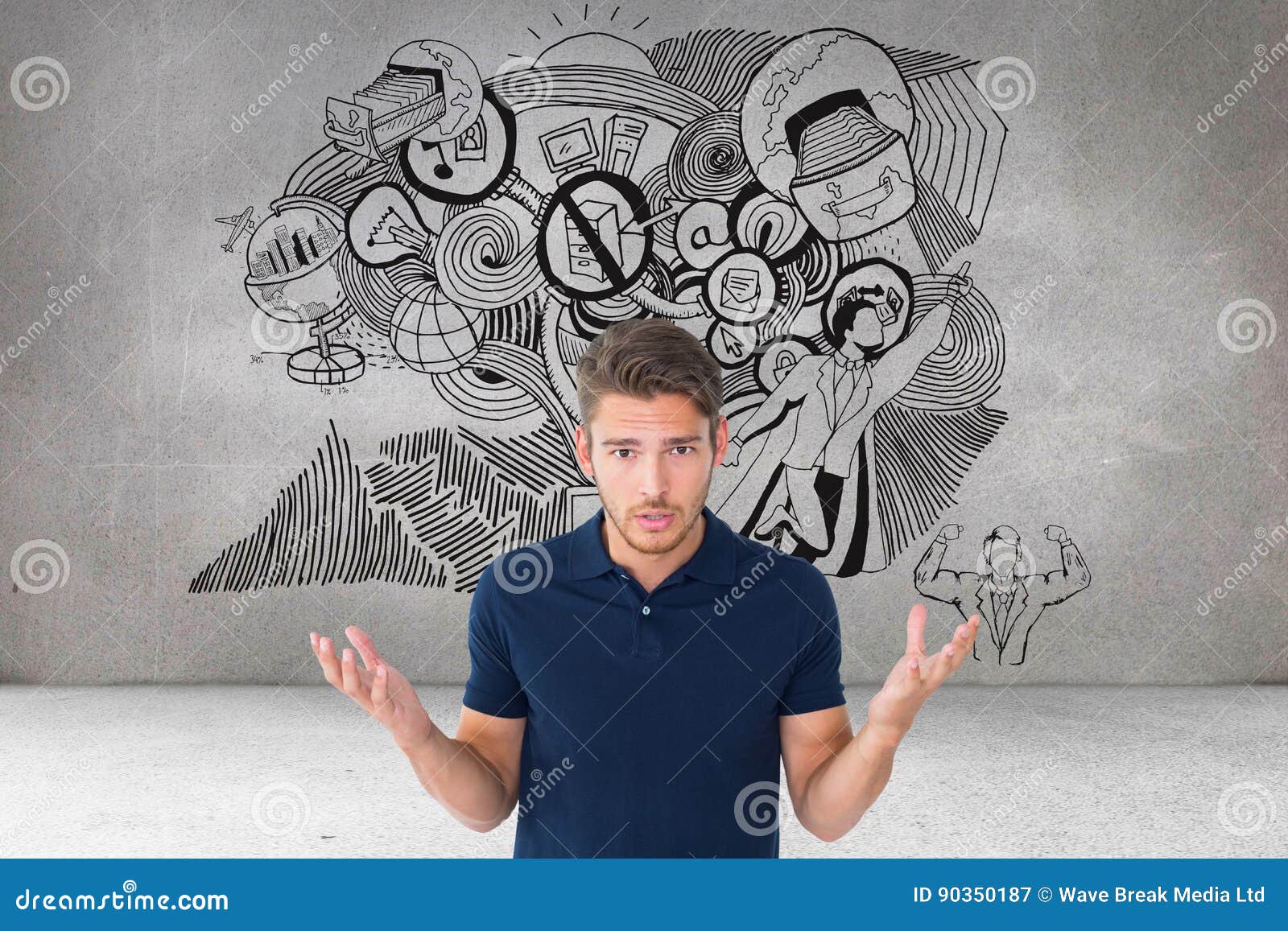 Confused Man Agaijnst Various Icons in Background Stock Image - Image ...