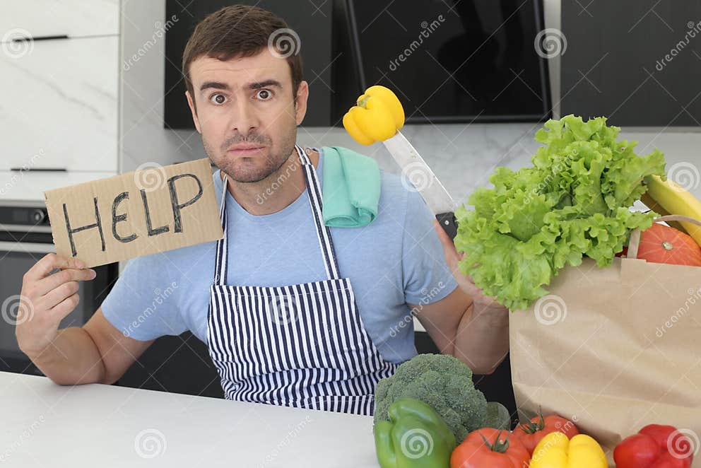 Confused Man Asking for Help in the Kitchen Stock Image - Image of ...