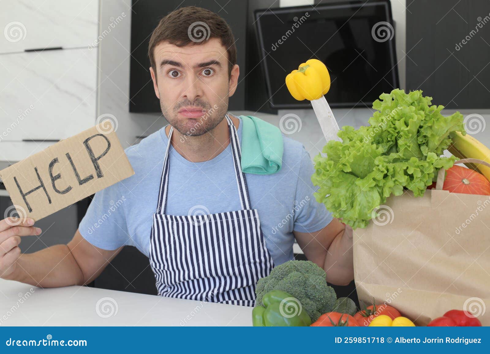 Confused Man Asking for Help in the Kitchen Stock Photo - Image of male ...