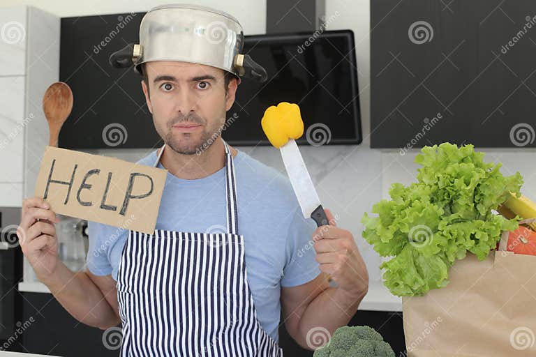 Confused Man Asking for Help in the Kitchen Stock Photo - Image of ...