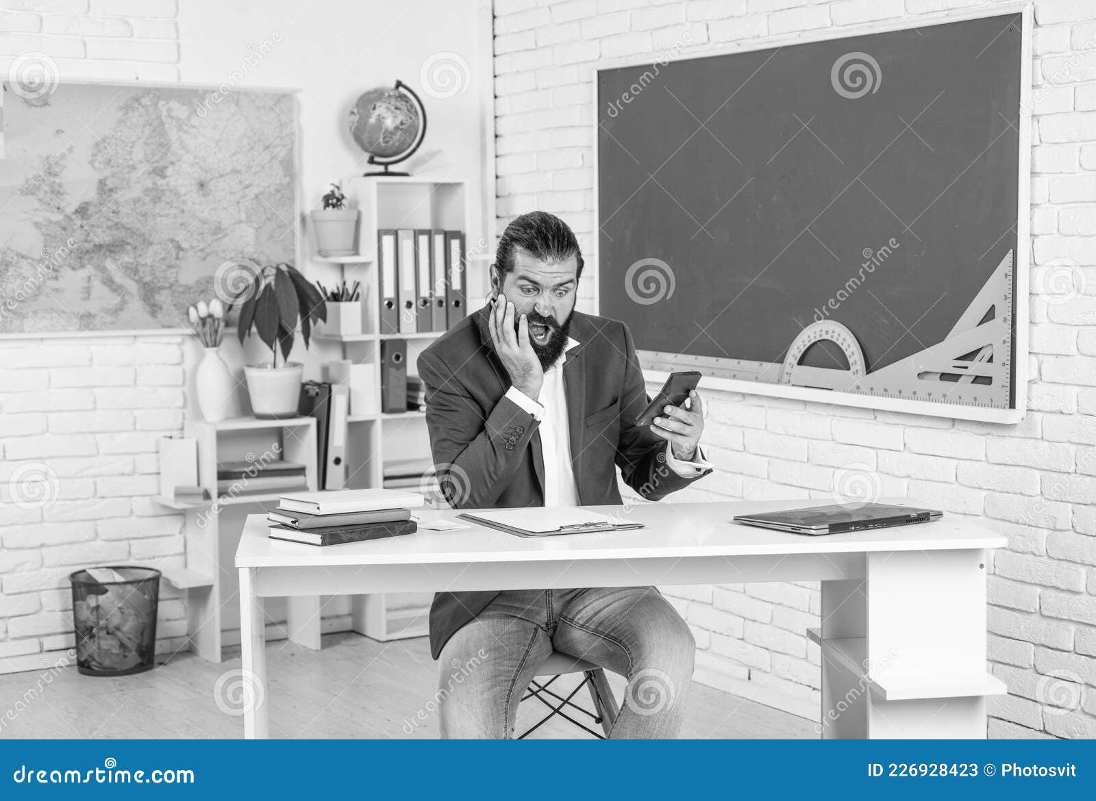 Confused Man with Beard Calculating on Calculator in School Math Lesson ...