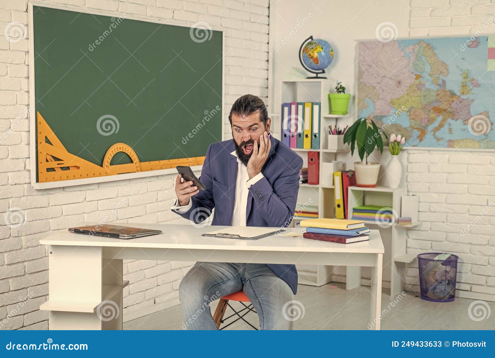 Confused Man with Beard Calculating on Calculator in School Math Lesson ...
