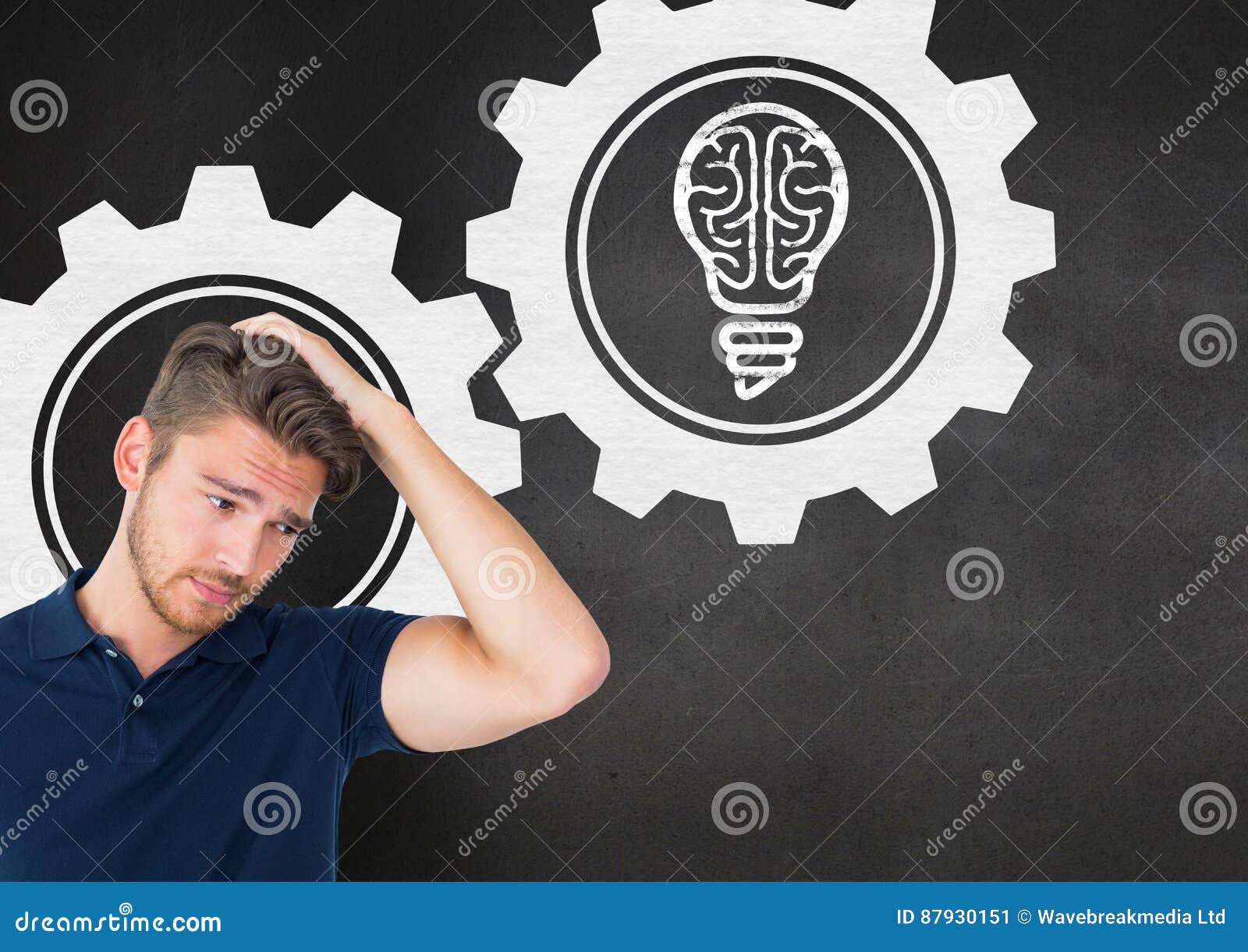 Confused Man with Gear Icons on Black Background Stock Illustration ...